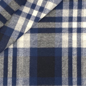 Black White Plaid Fabric With Blue Grey Accents, Cotton Brushed Flannel ...