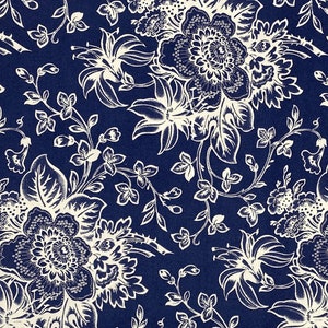 Blue Floral Fabric, Decorative Stylized Navy Jacobean Flower Print ...