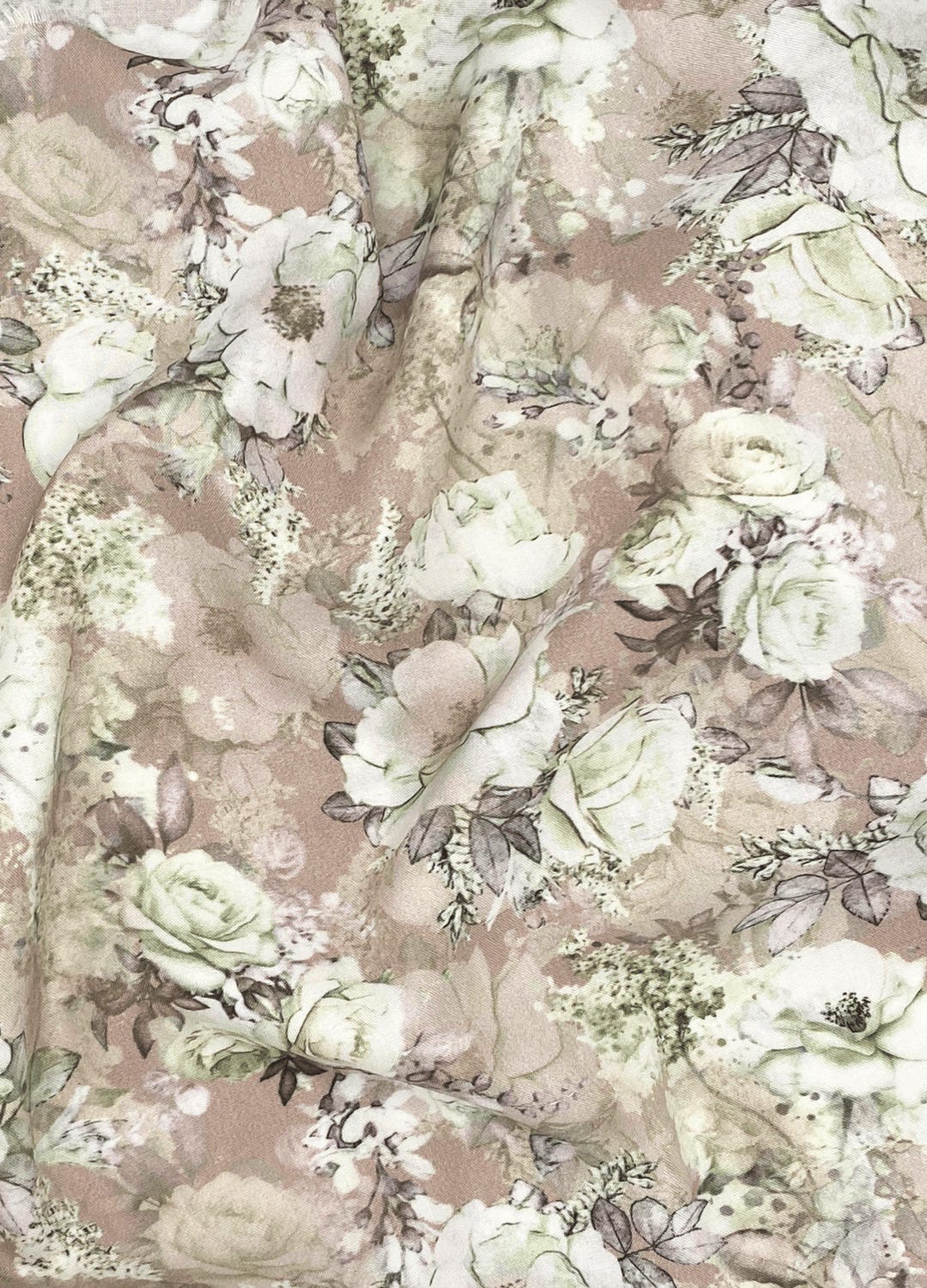 Neutral Floral Rayon Challis Fabric: Lightweight Beige & Green Boho ...