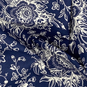 Blue Floral Fabric, Decorative Stylized Navy Jacobean Flower Print ...