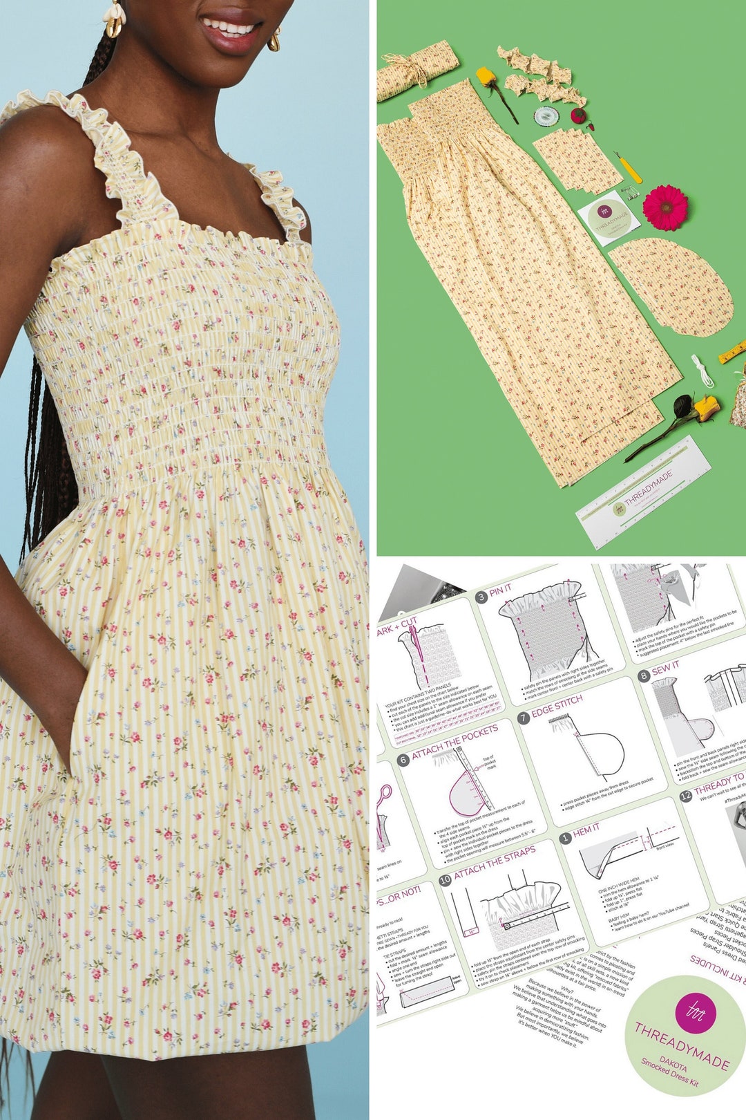 Yellow Floral Dress Fabric Pattern Kit, Complete All in One Precut ...