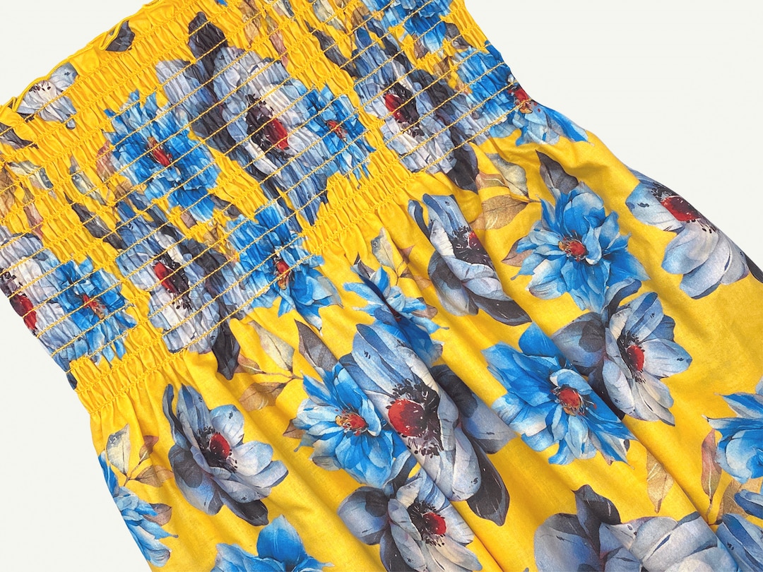 Smocked Shirred Fabric by the Yard 40long, Bold Yellow Blue Floral ...