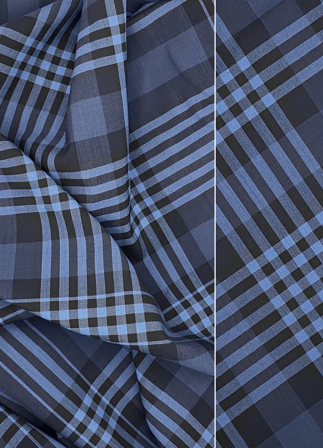 Navy Blue Plaid Fabric 61W, Large Scale Polyester and Virgin Wool Yarn ...