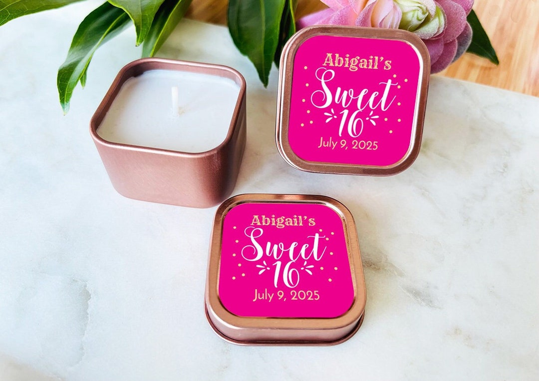 Personalized 12 Pieces Sweet 16 Hot Pink Gold Rose Gold Mini Candle Tin ...
