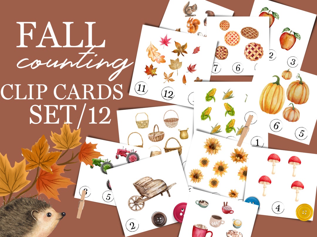 Set/12 Printable Counting Clip Cards Fall Watercolor Homeschool Count ...