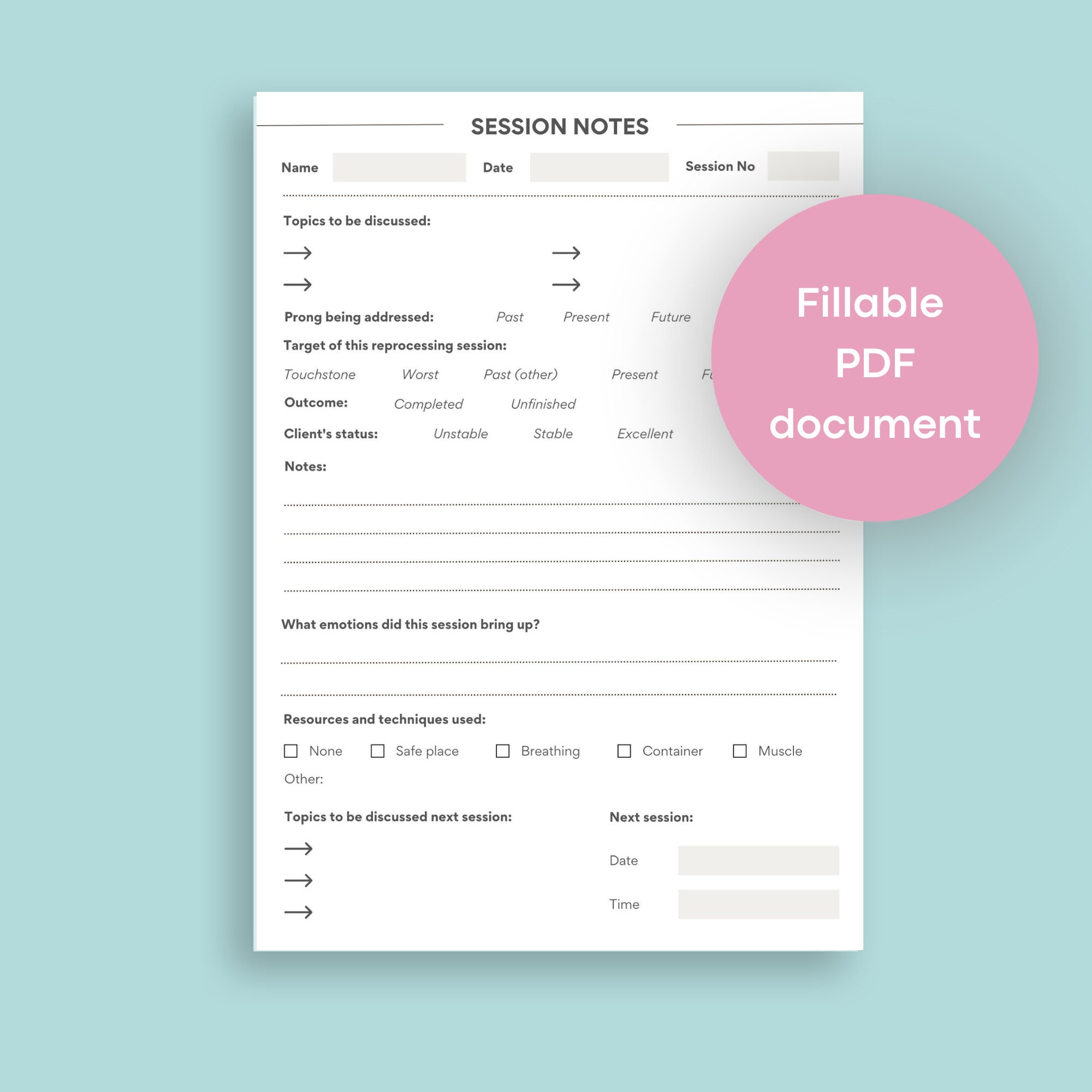 EMDR Editable Session Sheet Therapist Notes Editable PDF Worksheet EMDR ...