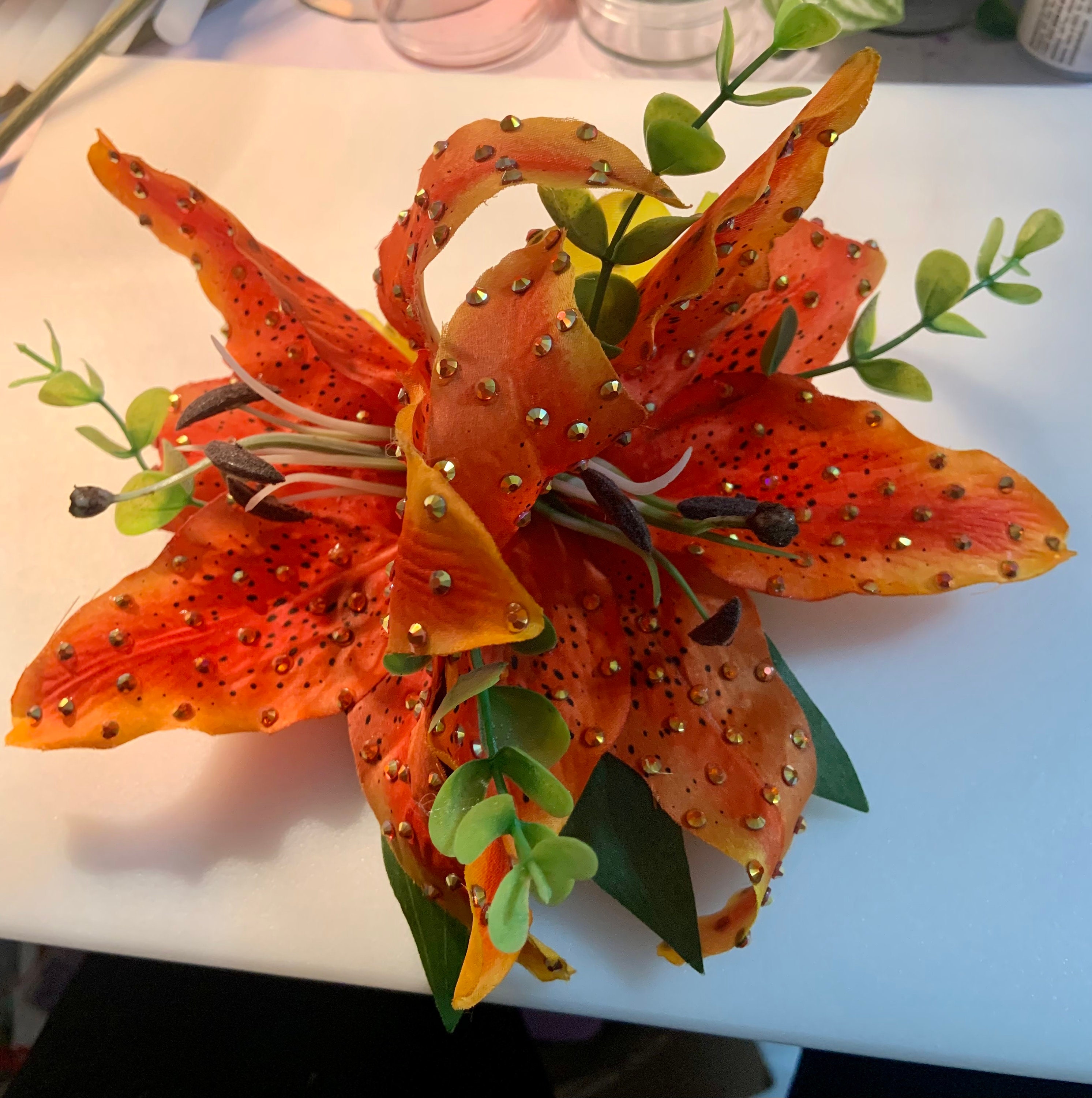 Orange Stargazer Lilies With Rhinestones and Yellow Orchid Tropical ...