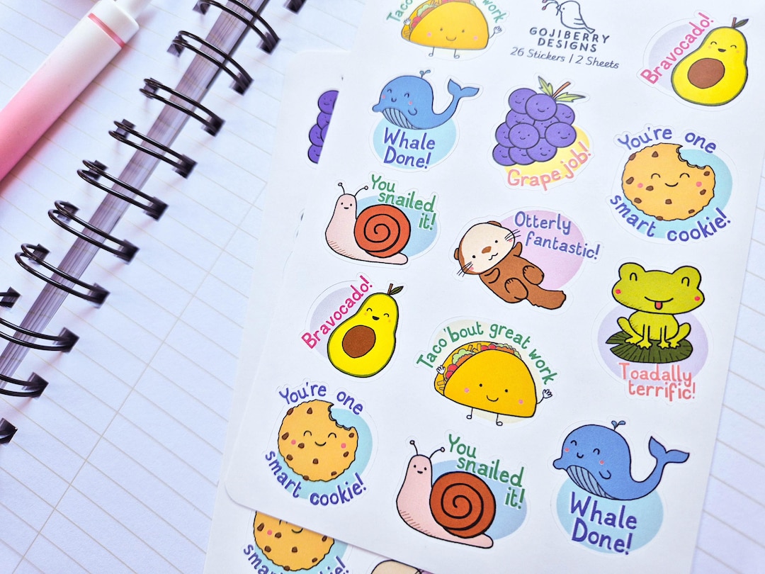 26 Cute Animal and Food Pun Reward Stickers, Hand-drawn Well Done ...