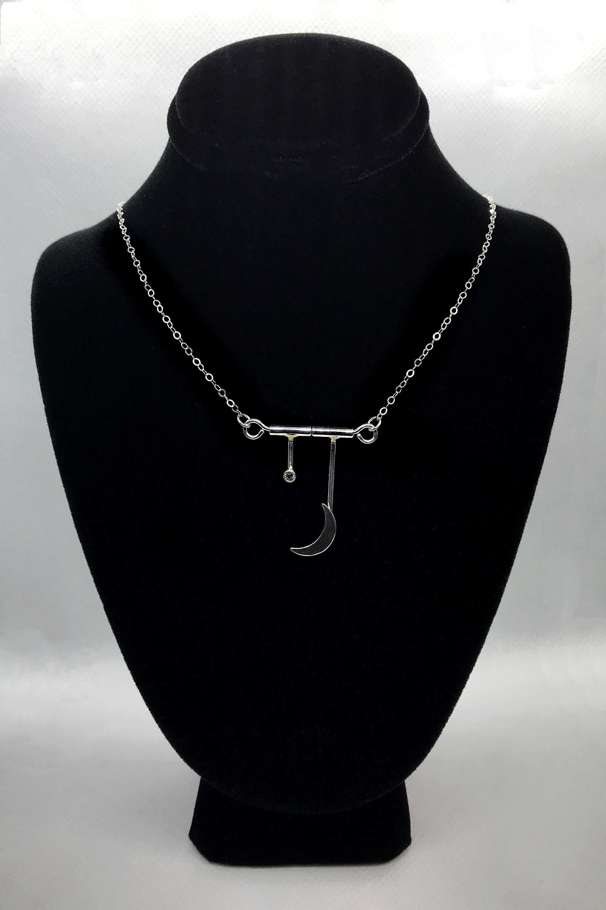 Crescent Moon and Star Pendant, 18" Sterling Silver Chain, White ...