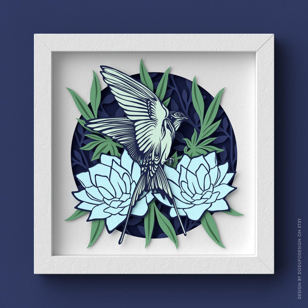 SVG Shadow Box Template, Bird in Flowers and Leaves, 3D SVG Shadow Box ...