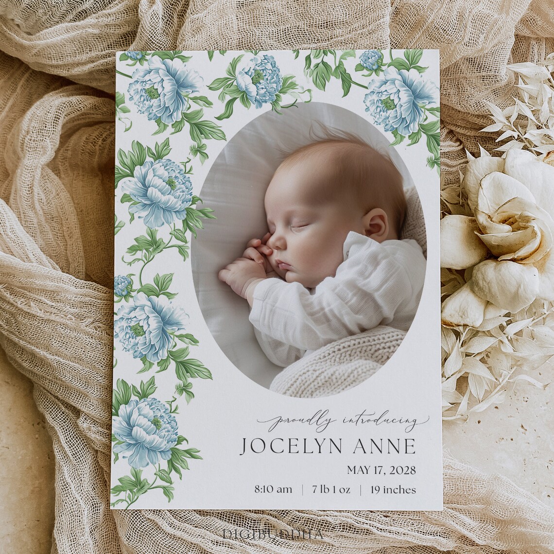 Spring Birth Announcement Card, Printable Watercolor Birth Announcement ...