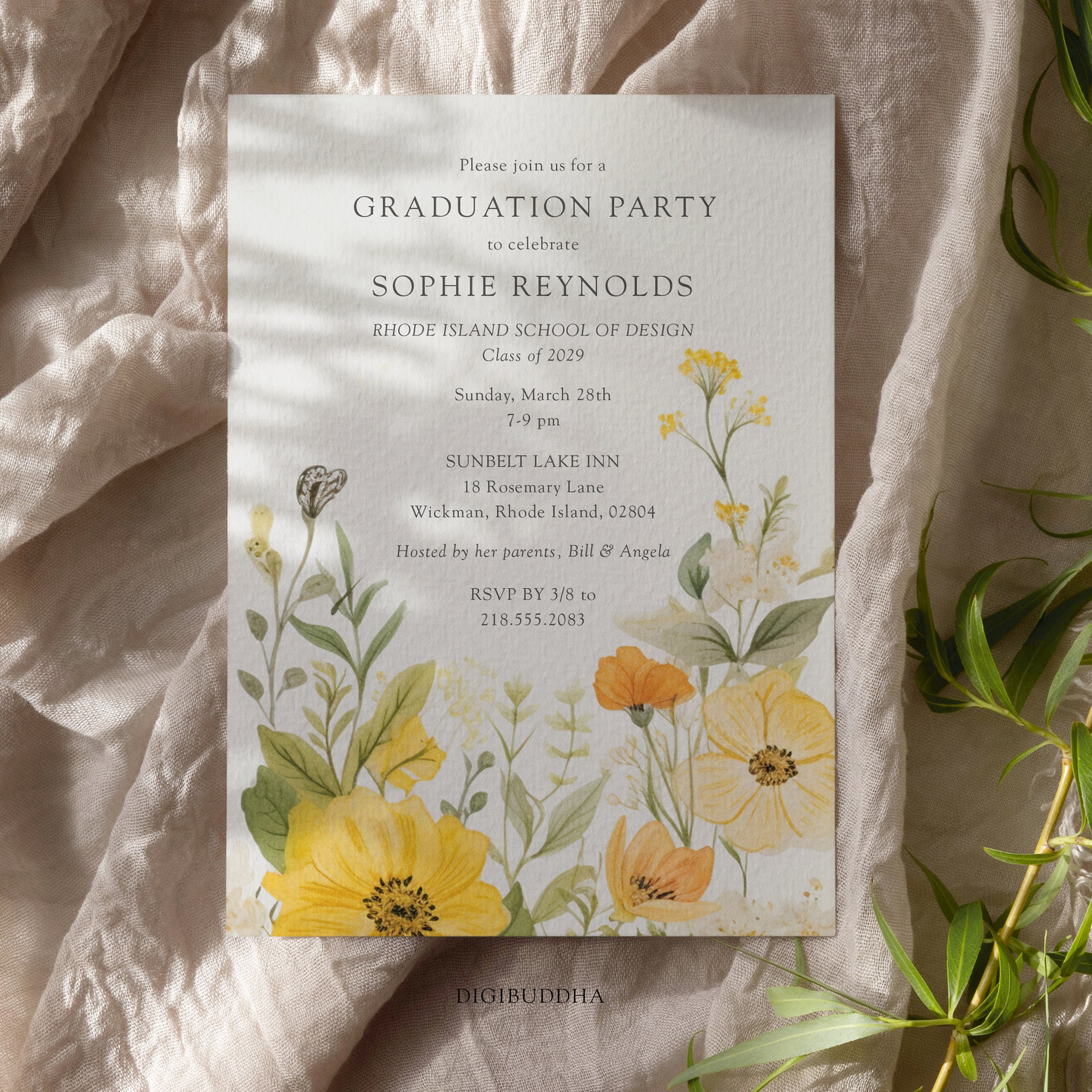 Wildflower Graduation Party Invitation Template, Watercolor Graduation ...