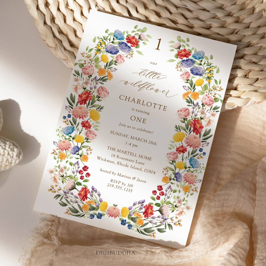 First Birthday Invitation Girl, Floral 1st Birthday Invite, Girls ...
