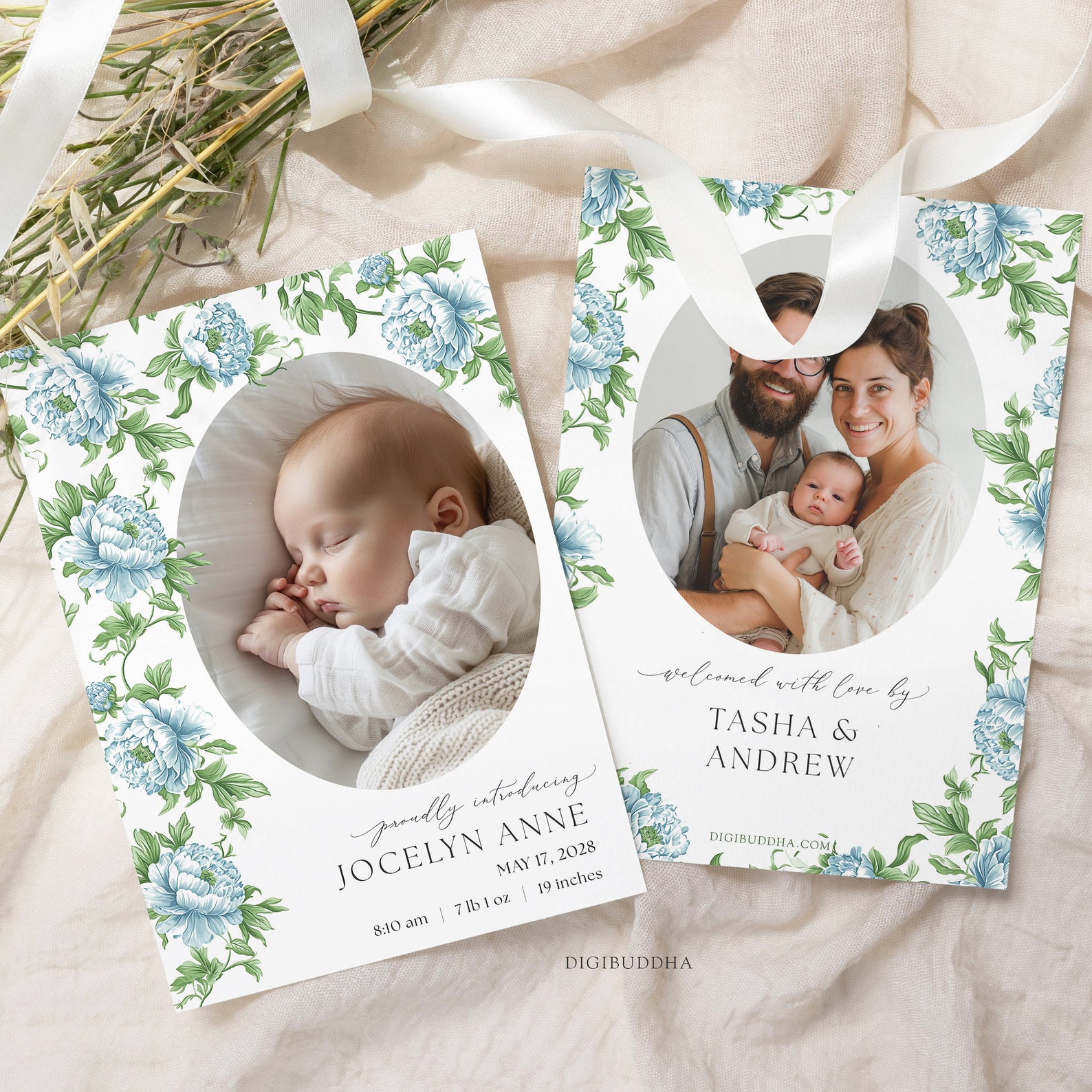 Spring Birth Announcement Card, Printable Watercolor Birth Announcement ...