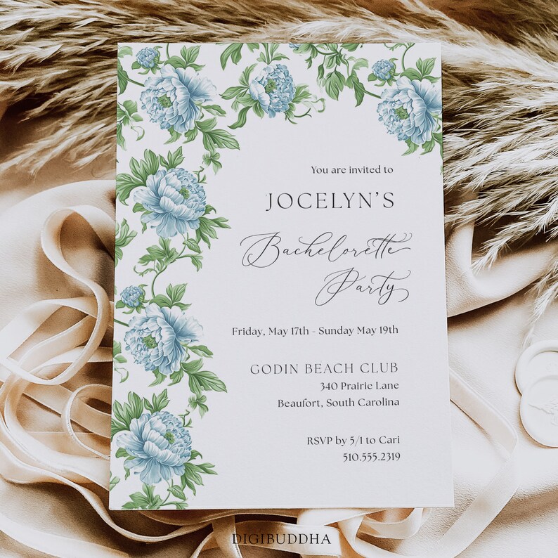 Dusty Blue Bachelorette Template, Southern Bachelorette Invite, Coastal ...