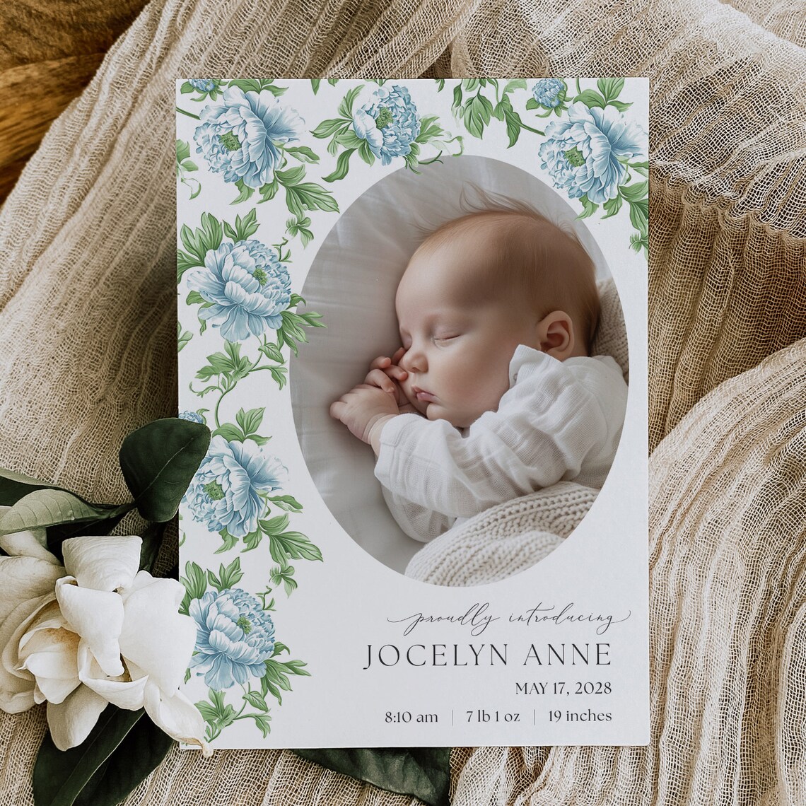Spring Birth Announcement Card, Printable Watercolor Birth Announcement ...