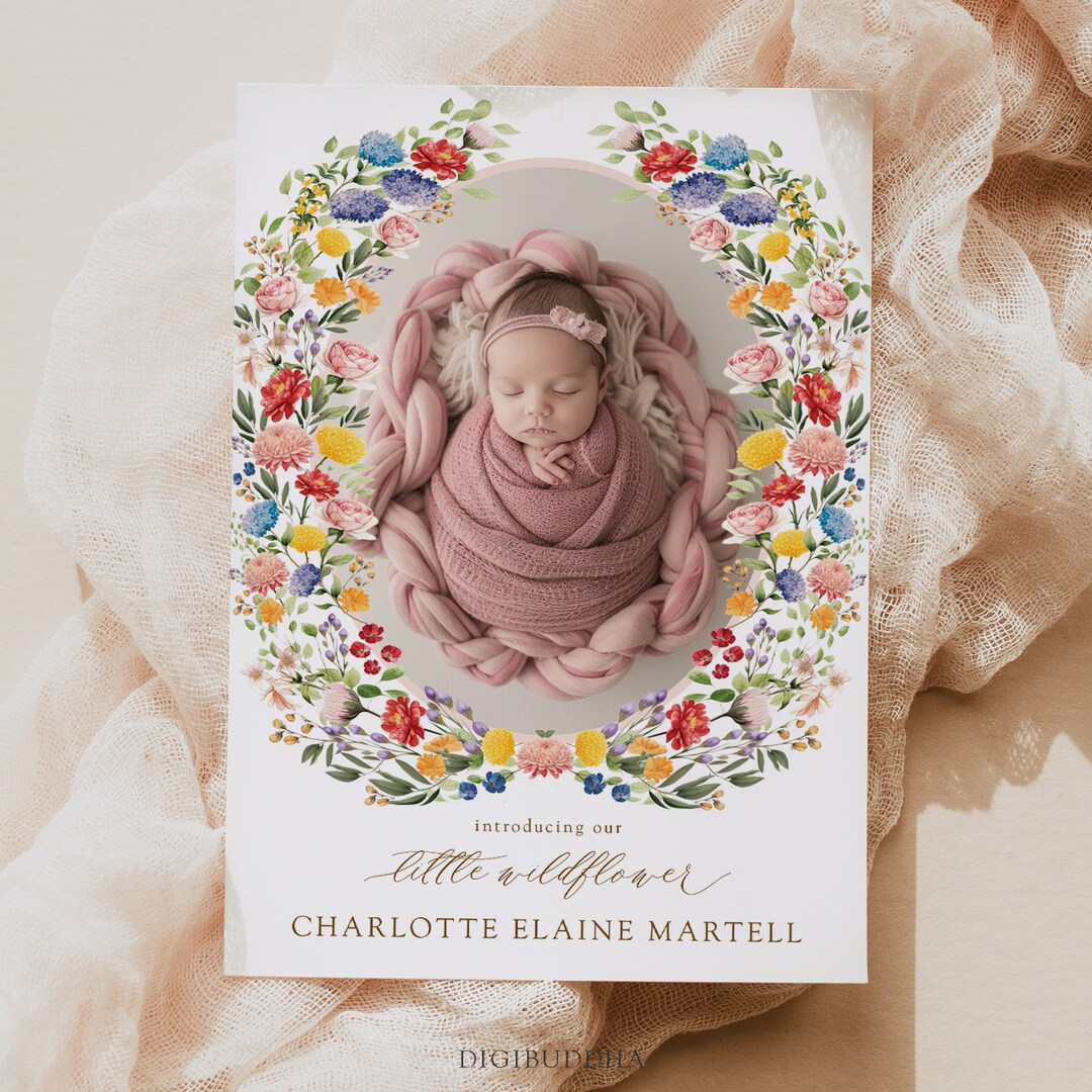 Pink Floral Birth Announcement Card, Girls Editable Birth Announcement ...