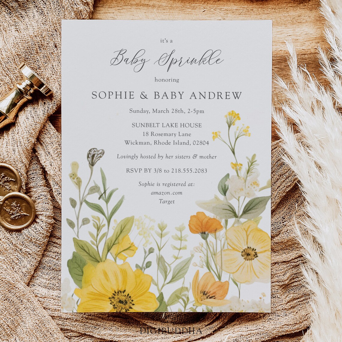 Wildflowers Baby Sprinkle Invitation Girl, Yellow Floral Baby Sprinkle ...