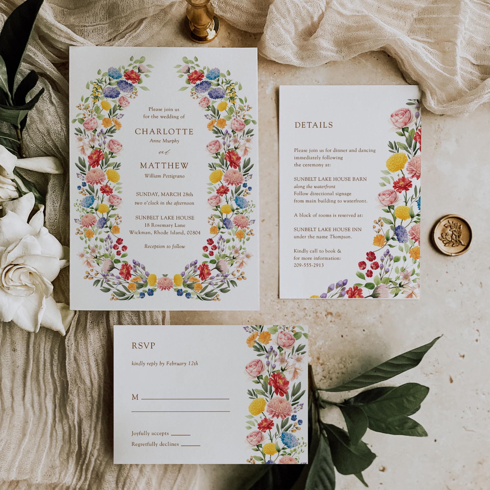 3 Piece Wedding Set, Wedding Invitation Template Set, Boho Wildflower ...