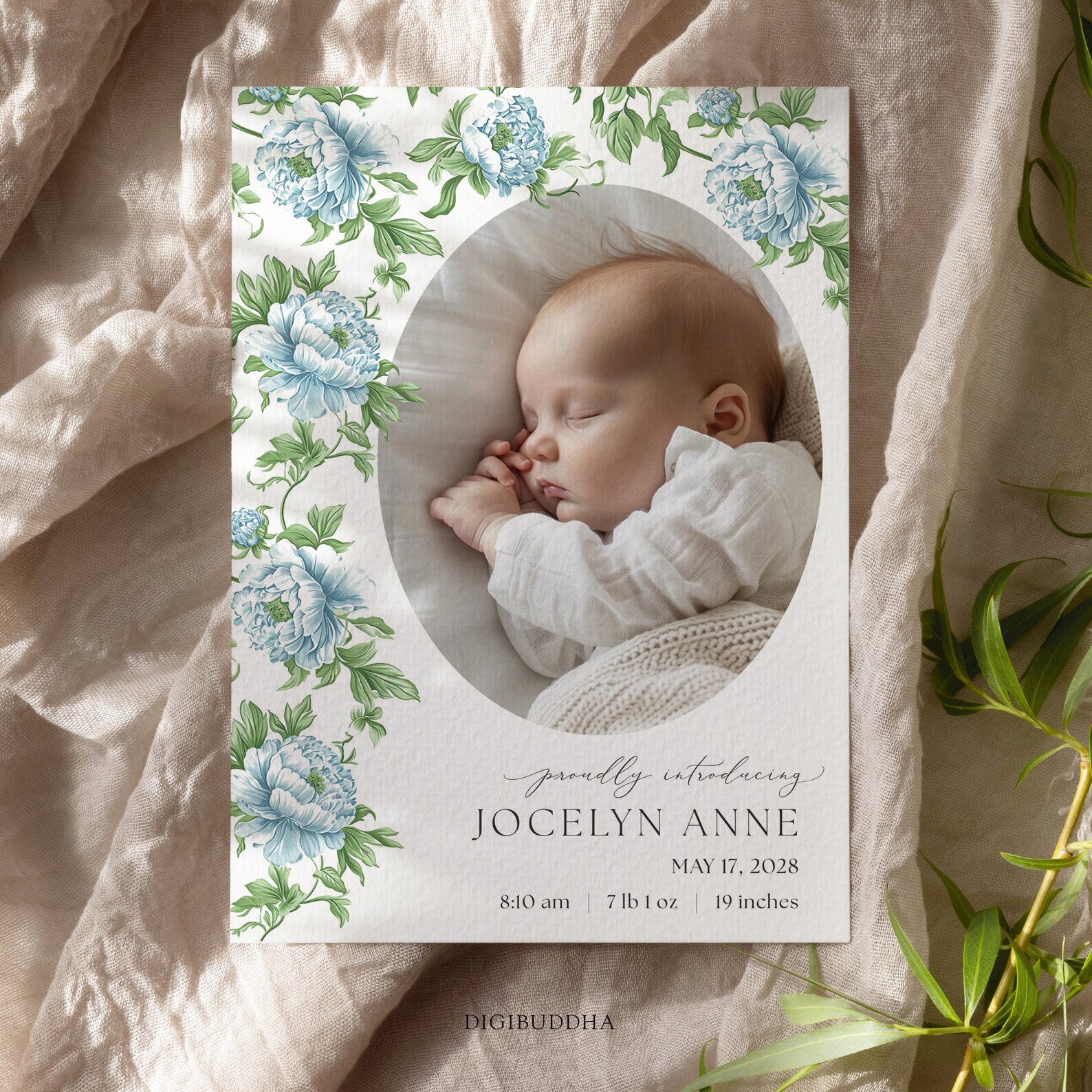 Spring Birth Announcement Card, Printable Watercolor Birth Announcement ...