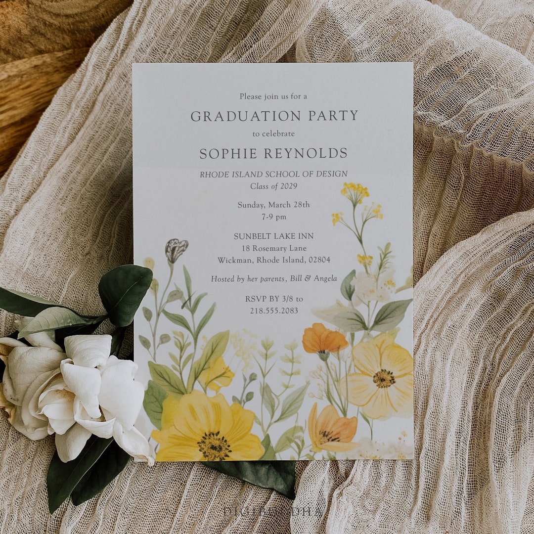 Boho Photo Graduation Invitation Floral Editable Invite, Wildflower ...