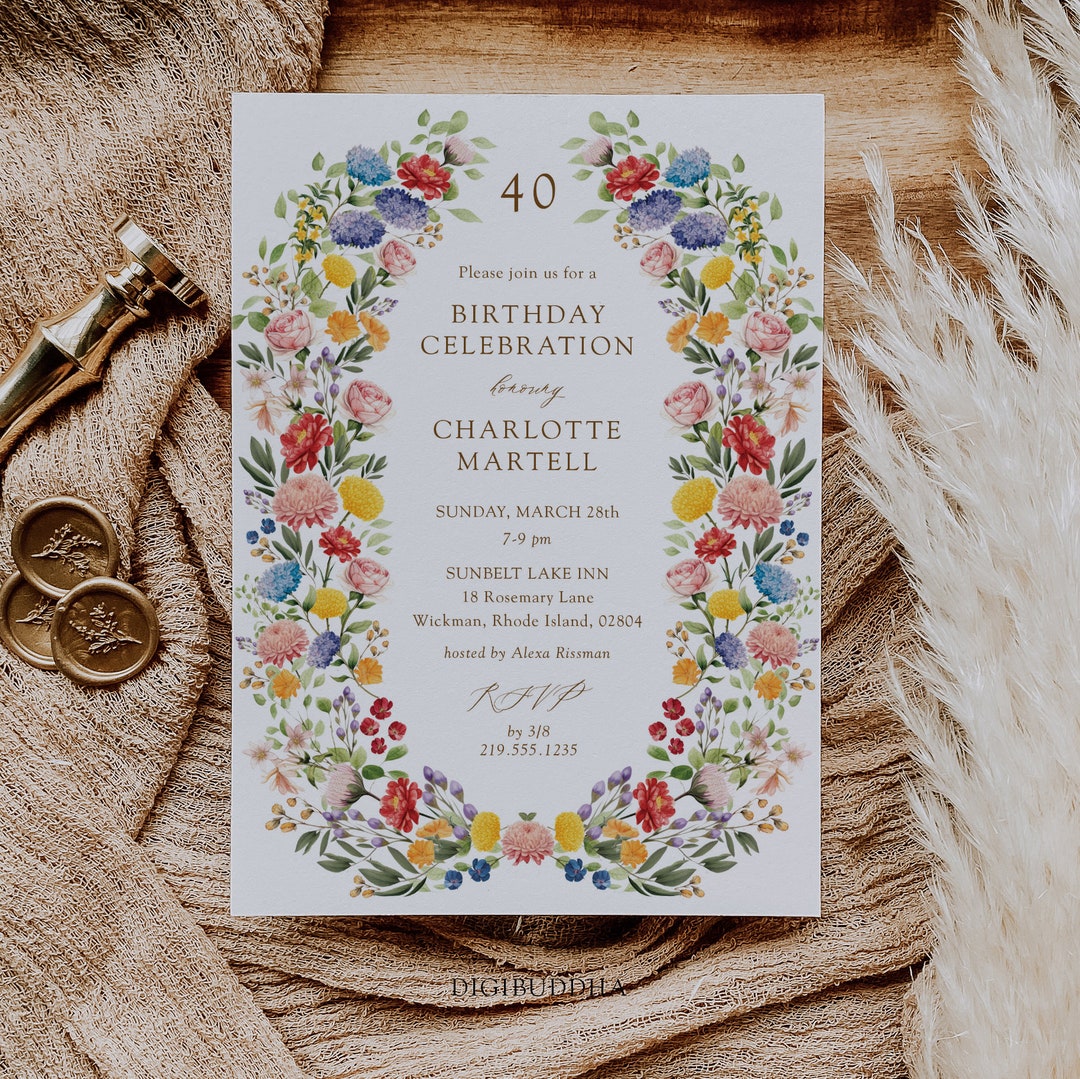Colorful Spring Blooms Birthday Party Invitation, Boho Garden Floral ...