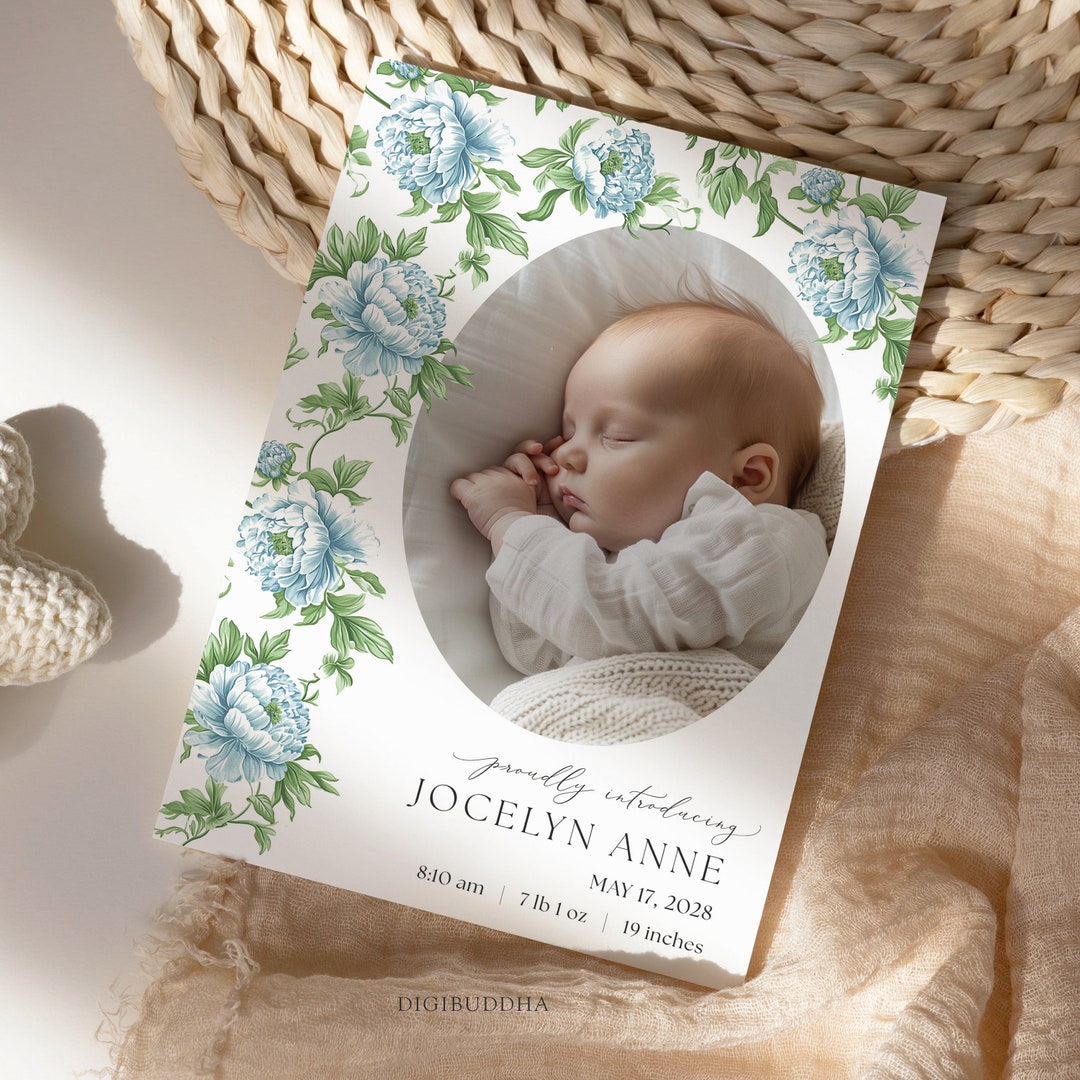 Photo Birth Announcement, Printable Newborn Card, Floral Birth ...