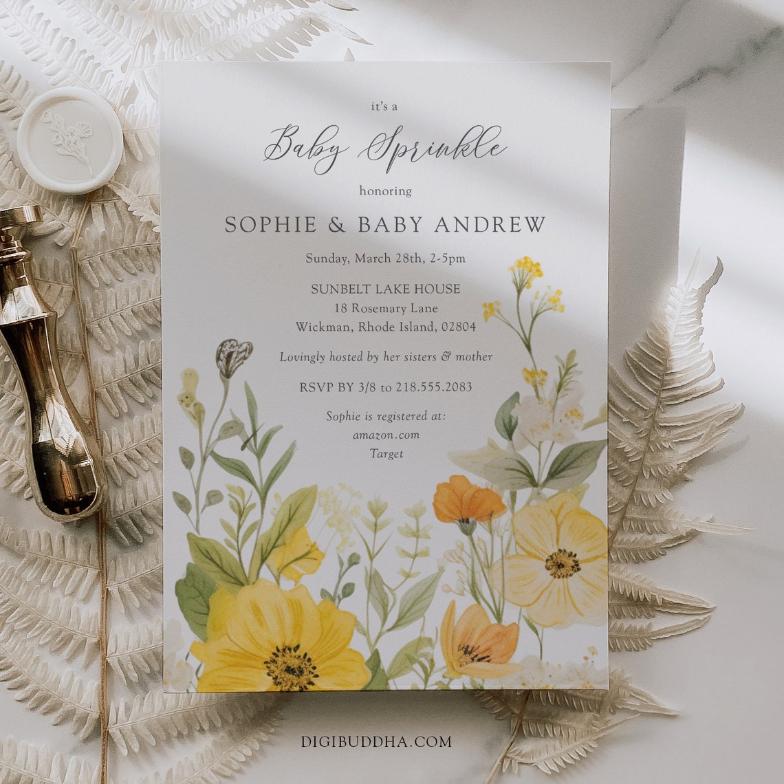 Wildflowers Baby Sprinkle Invitation Girl, Yellow Floral Baby Sprinkle ...