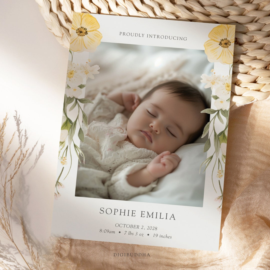 Yellow Floral Baby Birth Announcement Template, Spring Garden Newborn ...