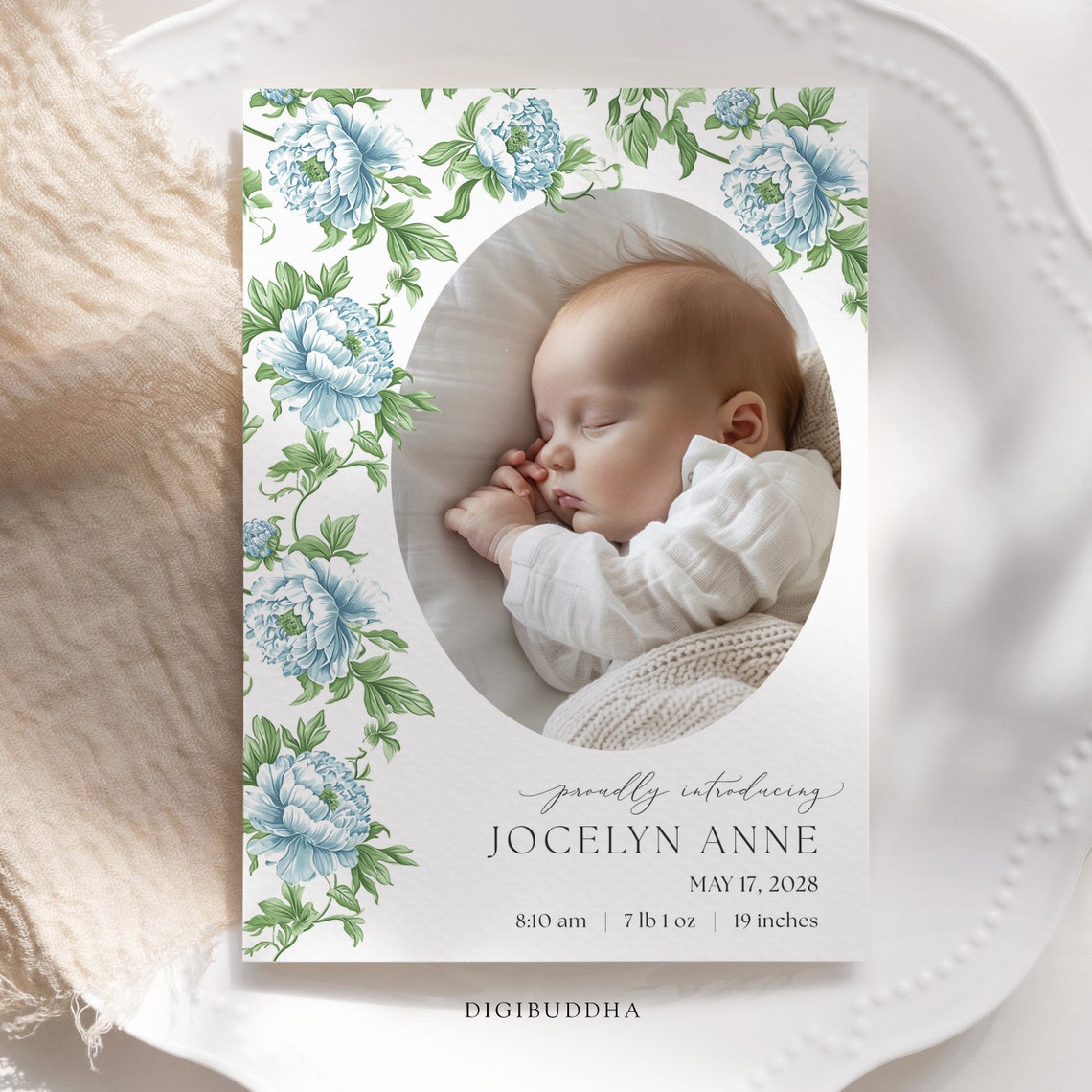 Spring Birth Announcement Card, Printable Watercolor Birth Announcement ...