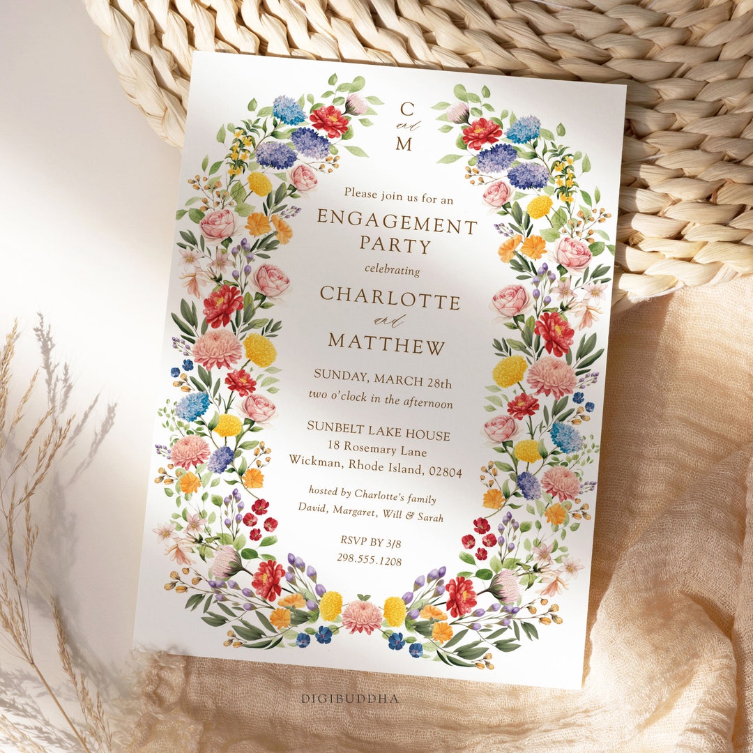 Floral Engagement Invitation Template Editable Invite Wedding Colorful ...