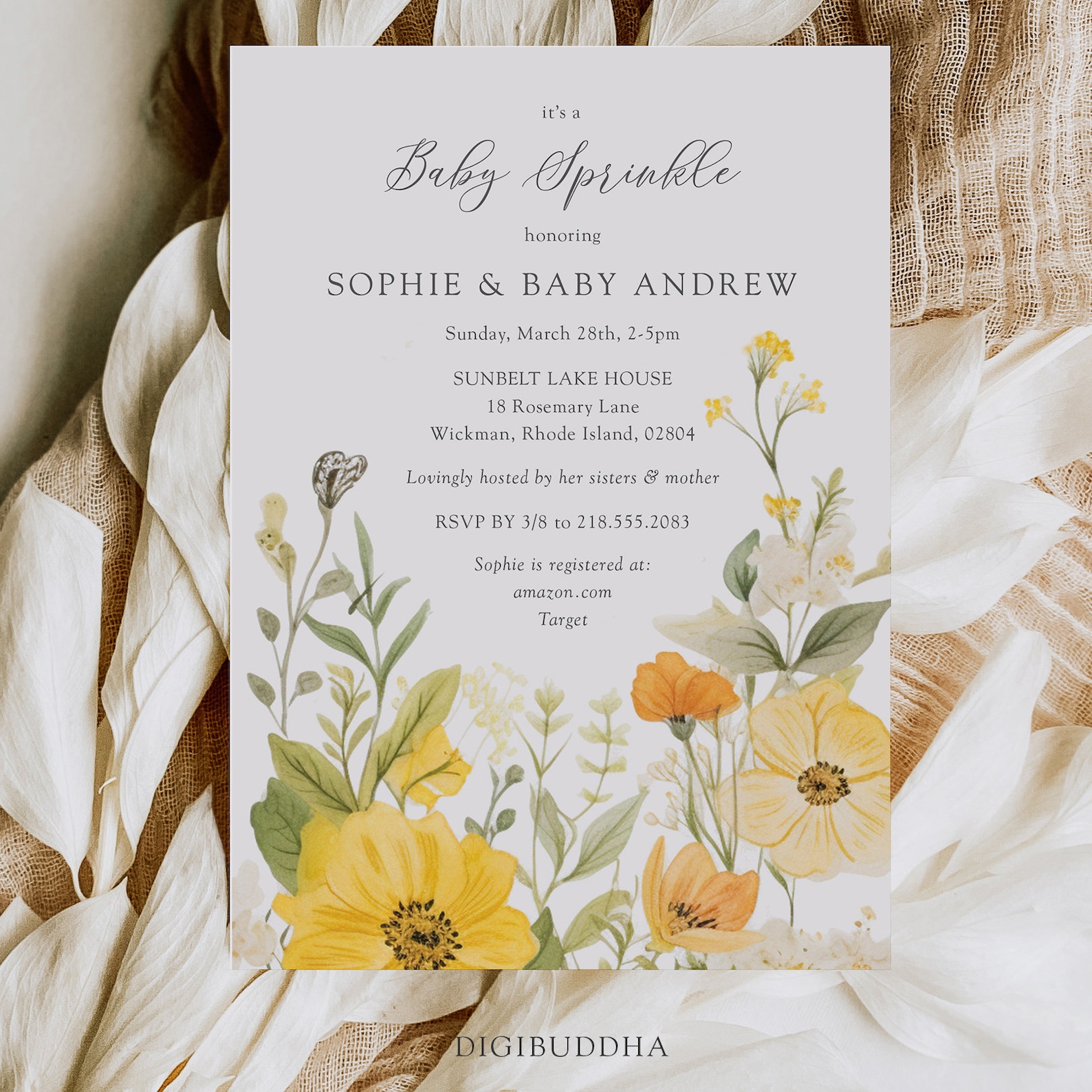 Wildflowers Baby Sprinkle Invitation Girl, Yellow Floral Baby Sprinkle ...