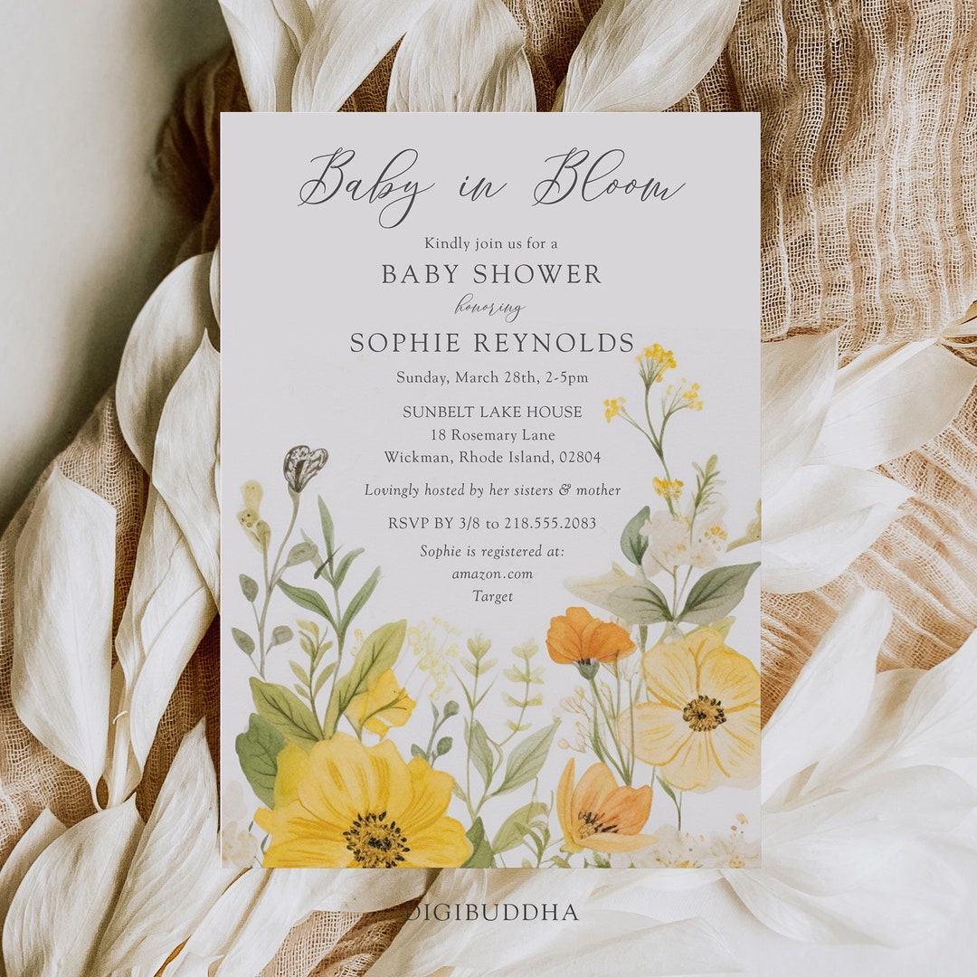 Printable Yellow Floral Baby Shower Invitation Template, Watercolor ...