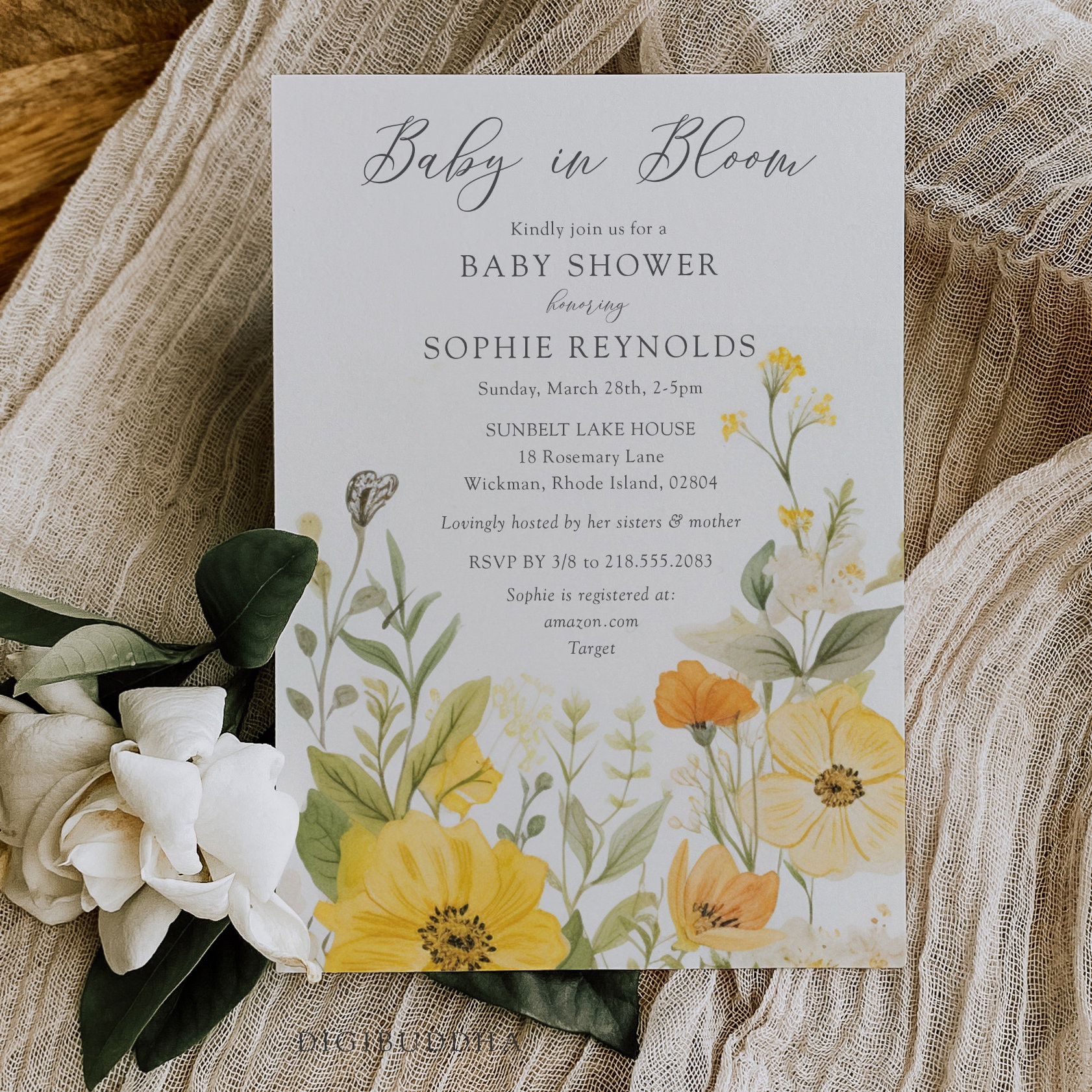 Printable Yellow Floral Baby Shower Invitation Template, Watercolor ...