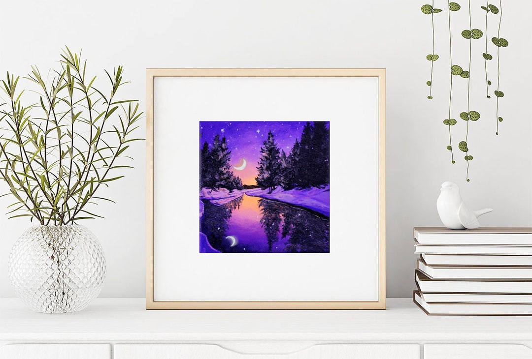 Dreamy Moon Night Art Print, Starry Purple Landscape - Etsy