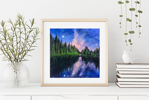 8x8 Original Moon Light Painting on Paper Starry Sky in the | Etsy