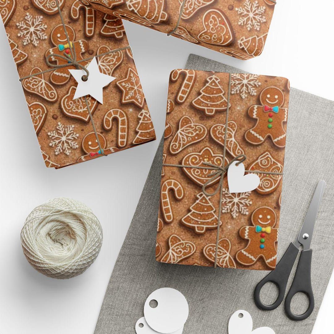 Gingerbread Christmas Wrapping Paper, Festive Holiday Gift Wrap, Cute ...