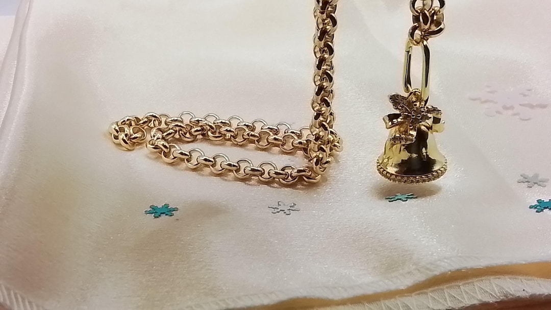 18K Gold Bell Charm Necklace , Holiday Charm Gold Filled Chain Necklace ...
