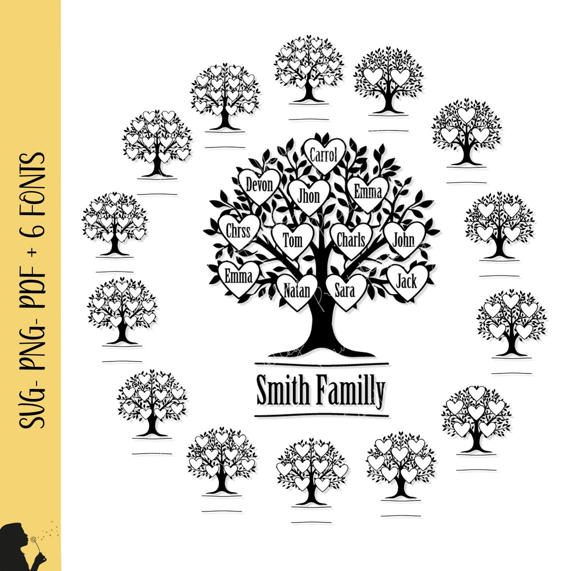 Family Tree SVG Custom Family Tree Names Hearts Personalized Gift Names ...