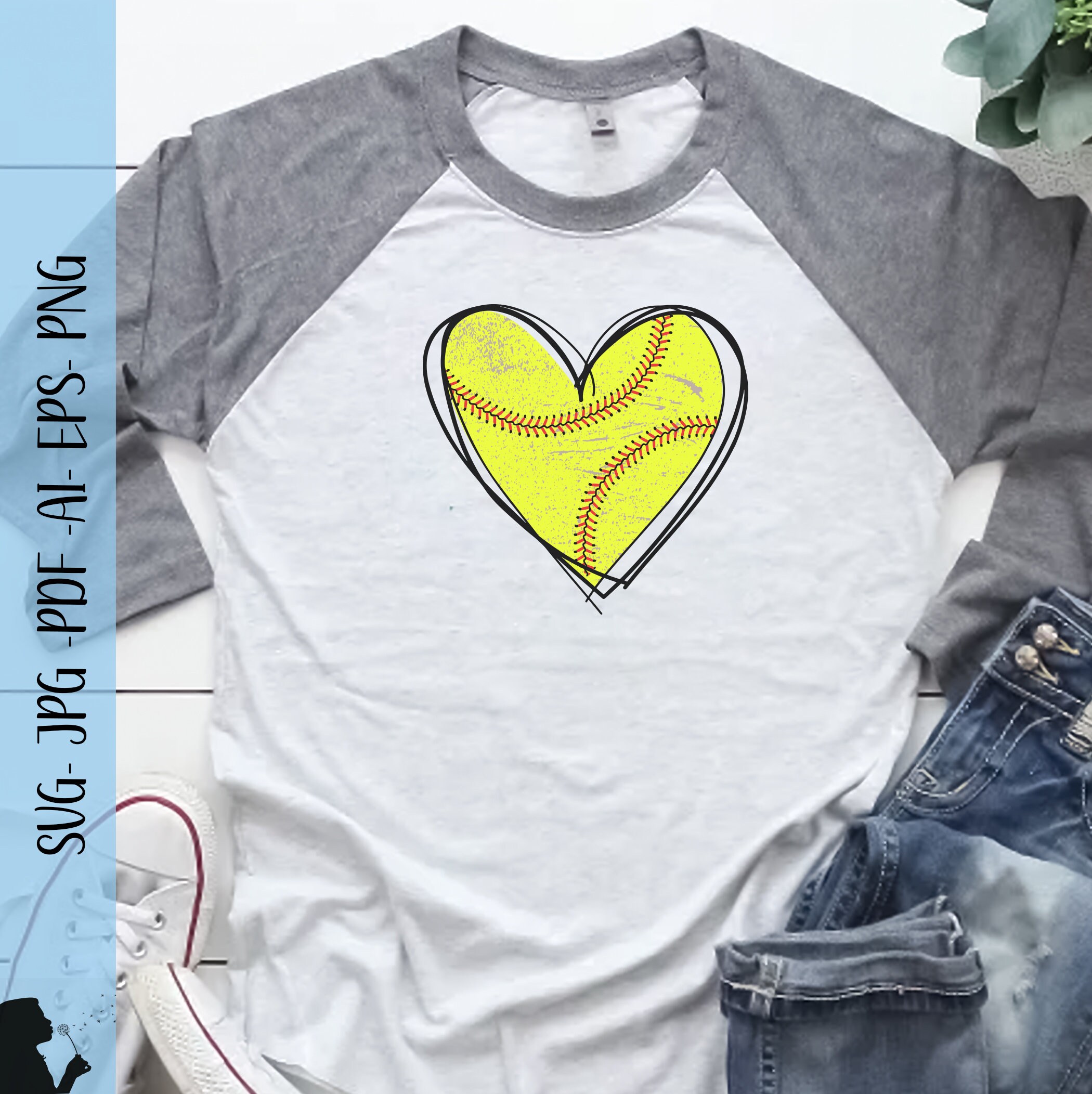 Softball Heart Svg Png Doodle Heart Softball Red Stitch Softball T ...