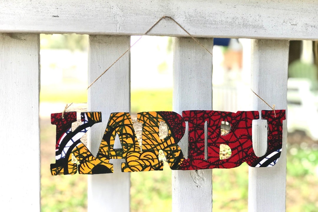 Karibu Swahili Handcarved Welcome Sign Wood Kitenge Fabric Entry Foyer ...