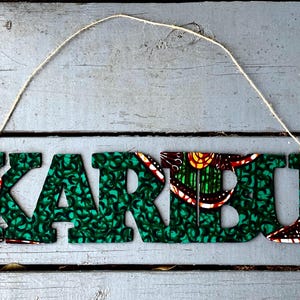 Karibu Swahili Handcarved Welcome Sign Wood Kitenge Fabric Entry Foyer ...