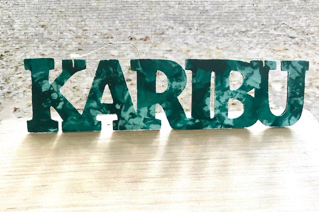 Karibu Swahili Handcarved Welcome Sign Wood Kitenge Fabric Entry Foyer ...