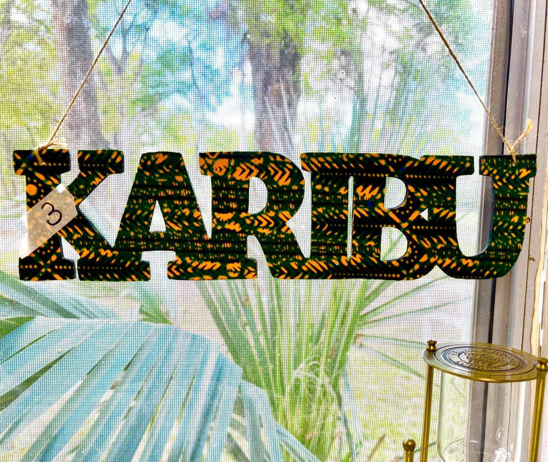 Karibu Swahili Handcarved Welcome Sign Wood Kitenge Fabric Entry Foyer ...