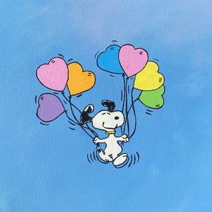 Snoopy Floating With Balloons, Peanuts Cartoon, Painting, Blue ...