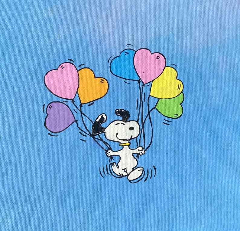 Snoopy Floating With Balloons, Peanuts Cartoon, Painting, Blue ...