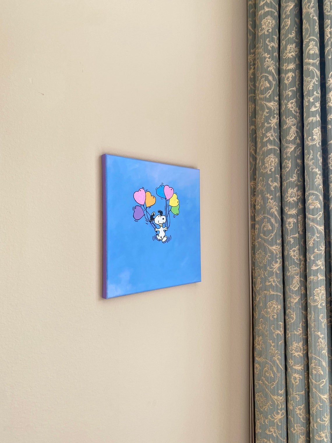Snoopy Floating With Balloons, Peanuts Cartoon, Painting, Blue ...
