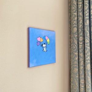 Snoopy Floating With Balloons, Peanuts Cartoon, Painting, Blue ...