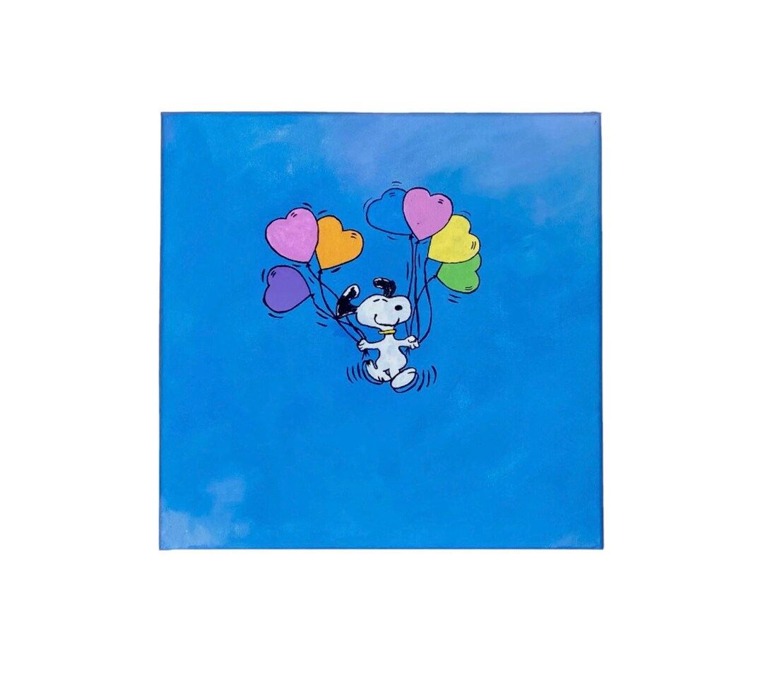 Snoopy Floating With Balloons, Peanuts Cartoon, Painting, Blue ...