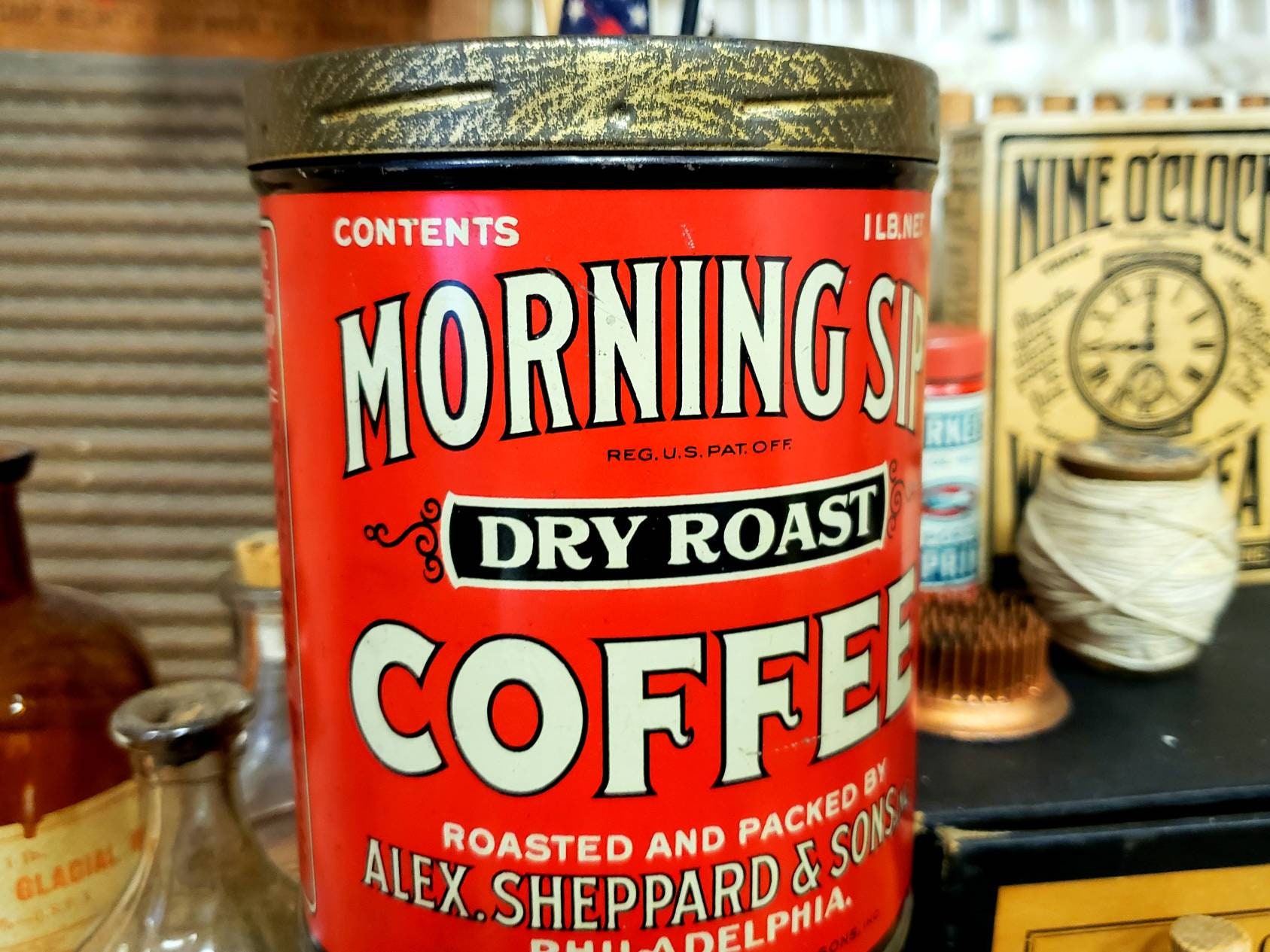 Antique 1920s Morning Sip Dry Roast Coffee Tin Can, Alex Sheppard ...